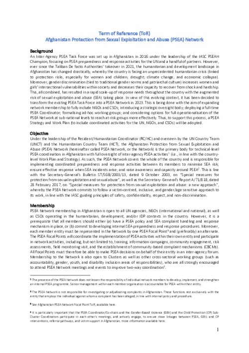 Afghanistan ToR PSEA Network | IASC / PSEA Afghanistan ToR PSEA Network | IASC / PSEA